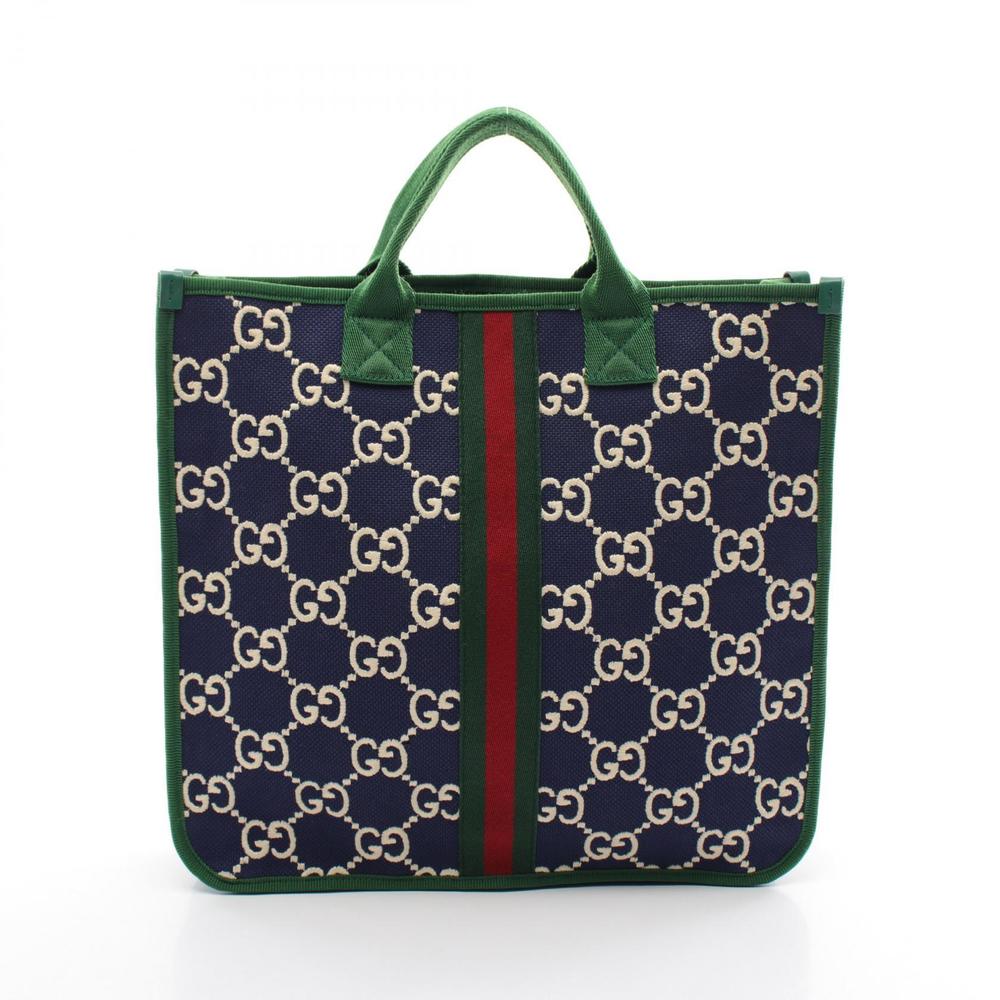 Gucci Gg Pattern Sherry Line Tote Bag Canvas Navy Blu… - Gem